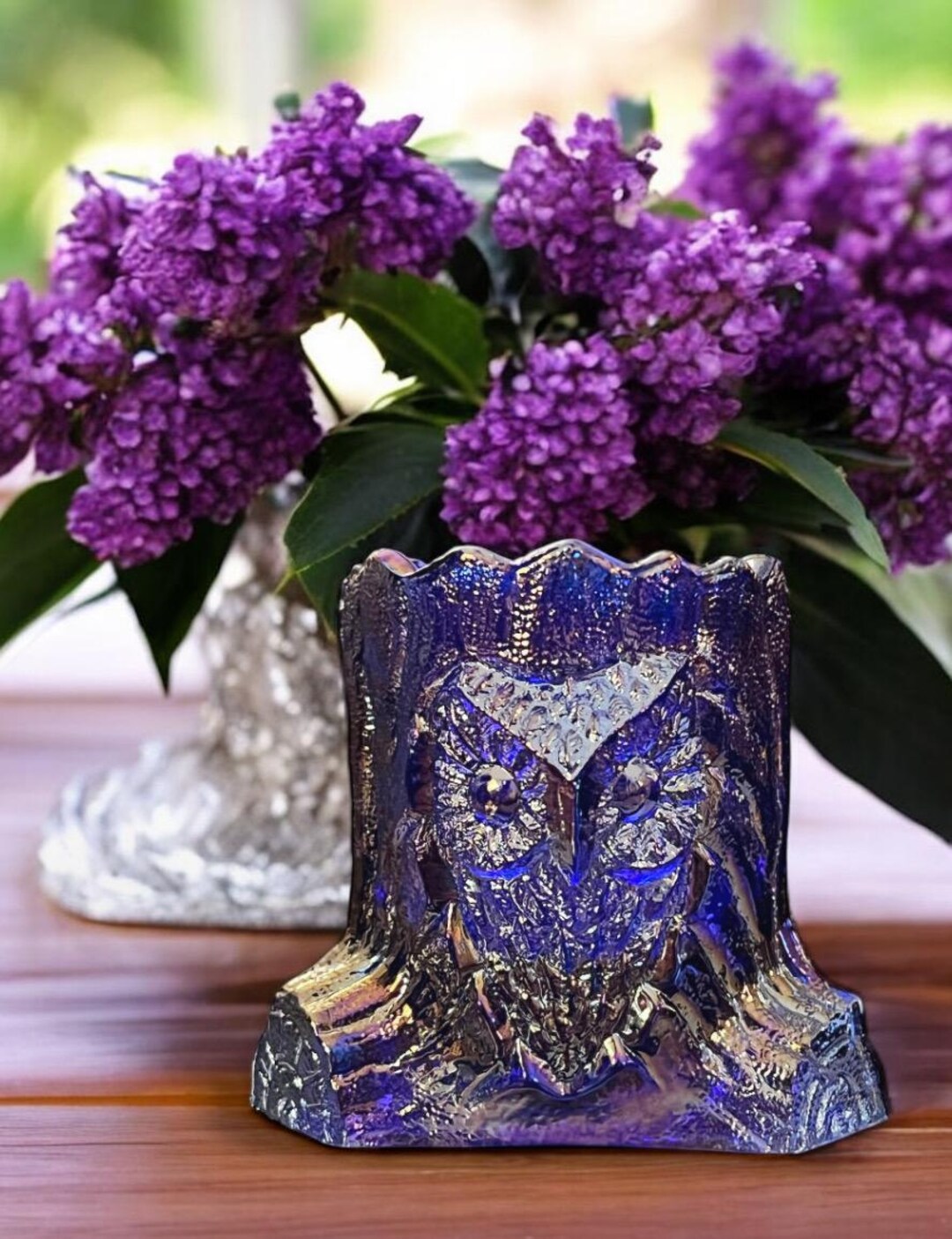 Summit Art Glass Pressed Purple Carnival Glass Owl in Stump Toothpick ...