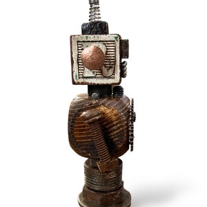 Handmade Wood and Metal Small Robot Figurine / Handmade Mini Robot ...