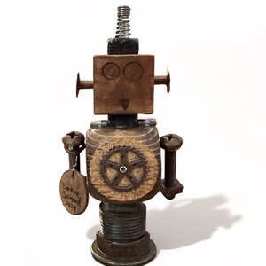 Handmade Wood and Metal Small Robot Figurine / Handmade Mini Robot ...