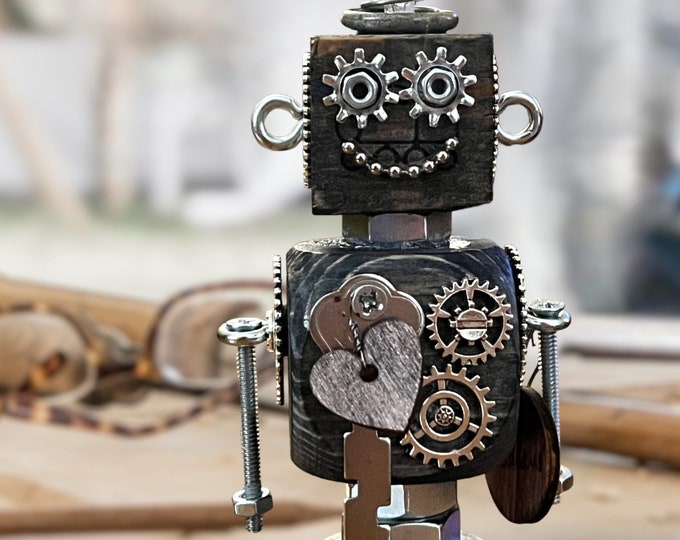 Handmade Wood and Metal Small Robot Figure / Hand Made Mini Robot ...