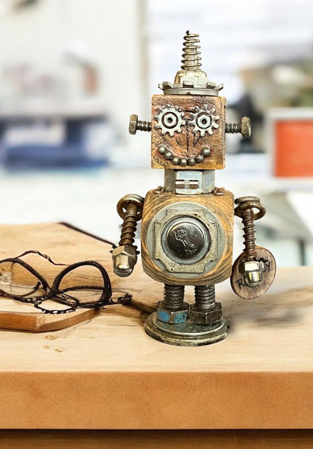 Handmade Wood and Metal Small Robot Figure / Hand Made Mini Robot ...