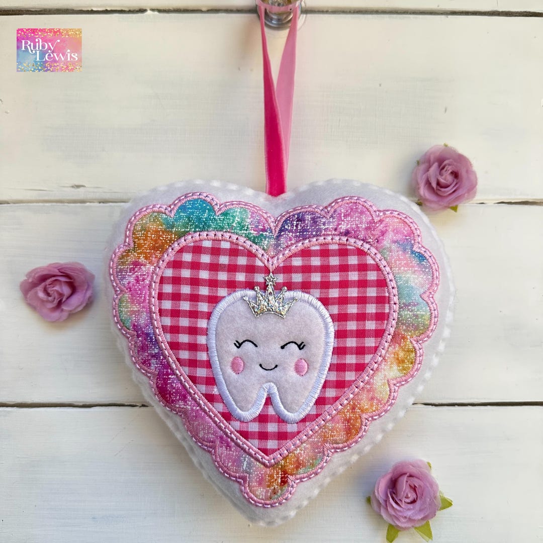 Personalized Tooth Fairy Pillow Applique Heart - Hot Pink Gingham and ...