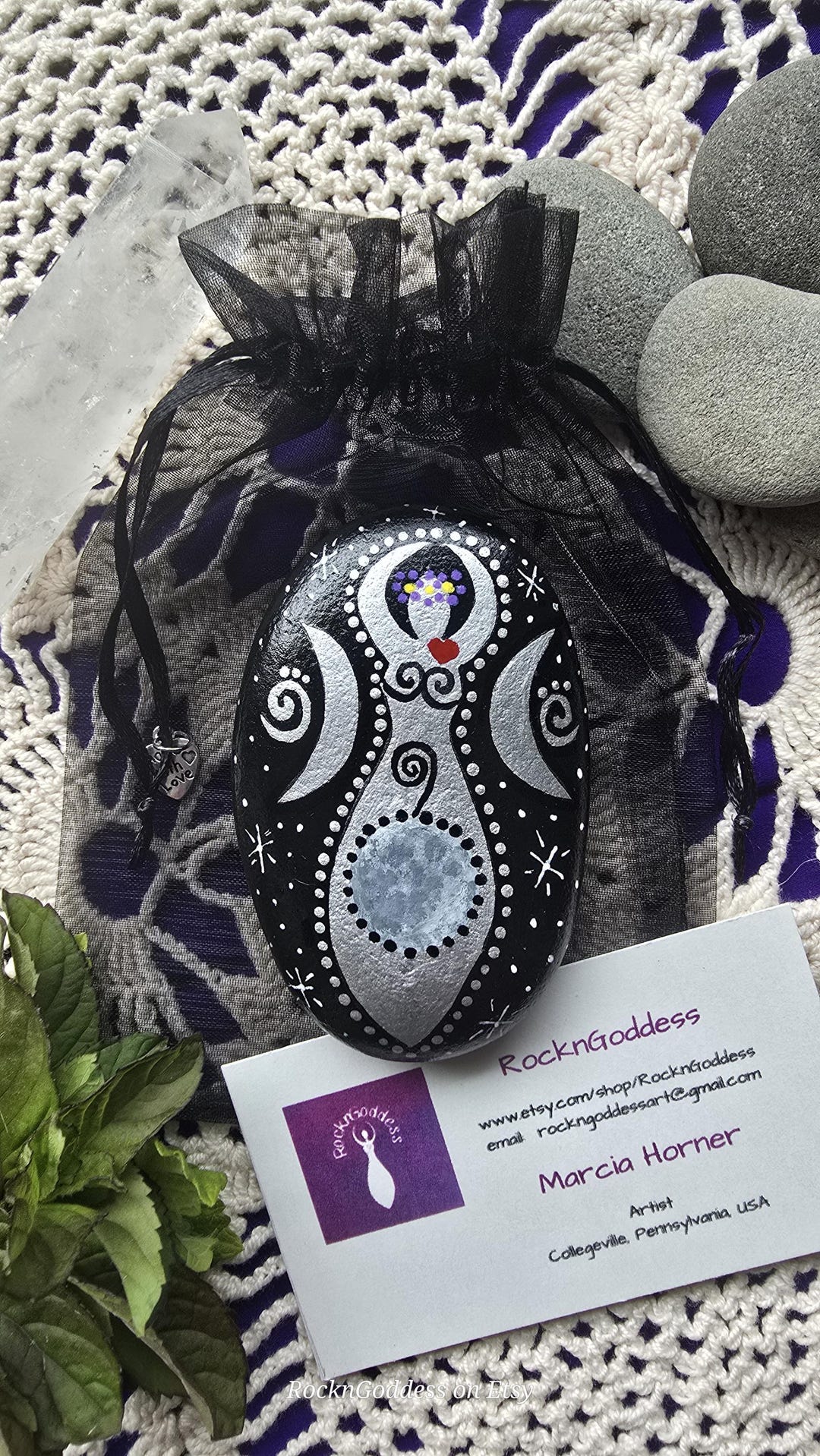 Triple Moon Goddess Altar Stone, Custom Design Hand Painted Altar Rock ...