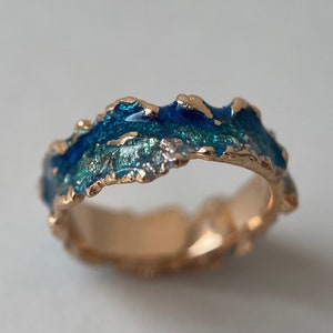 Gold Wave Ring Blue Enamel Ring Unique Wedding Rings Sea Wave Ring ...