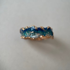 Gold Wave Ring Blue Enamel Ring Unique Wedding Rings Sea Wave Ring ...