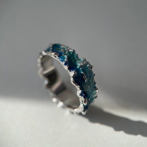 White Gold Ring Wave Ring Blue Enamel Ring Unique Wedding Rings Sea ...