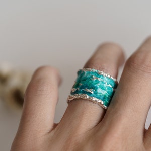 Wide Wave Ring Ocean Ring Wide Silver Ring Turquoise Enamel Ring Beach ...