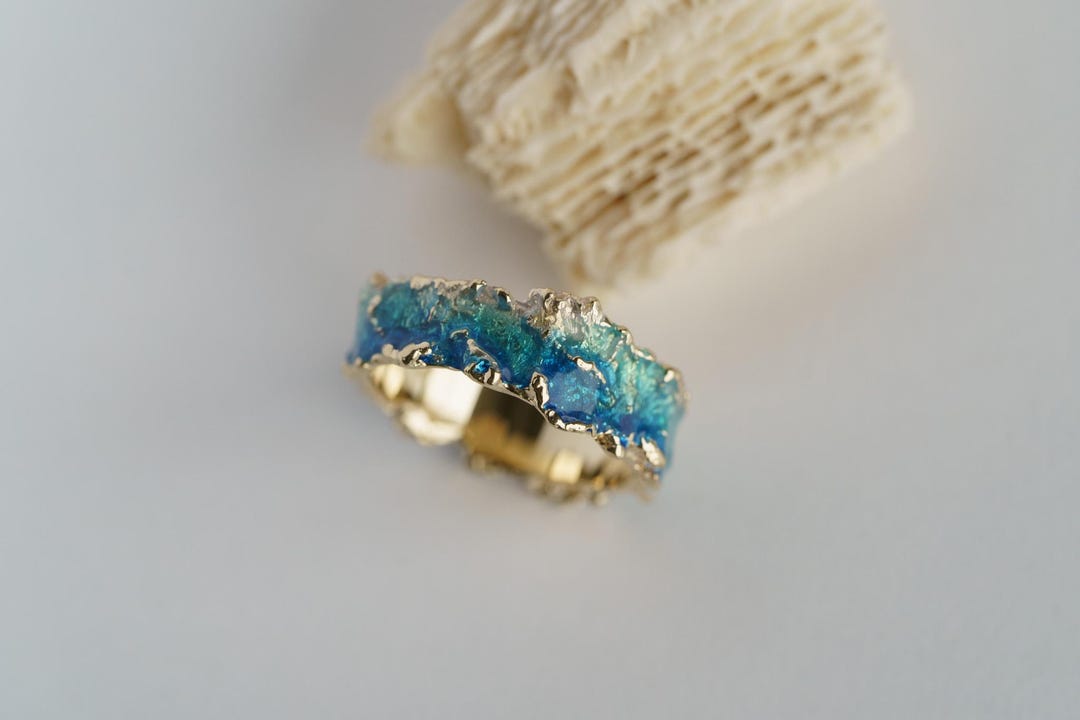 14k Gold Wave Ring: Blue Enamel Ocean Jewelry - Etsy