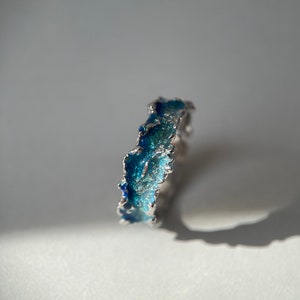 White Gold Ring Wave Ring Blue Enamel Ring Unique Wedding Rings Sea ...