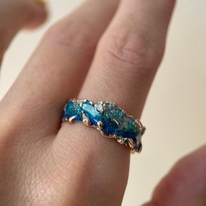 Gold Wave Ring Blue Enamel Ring Unique Wedding Rings Sea Wave Ring ...