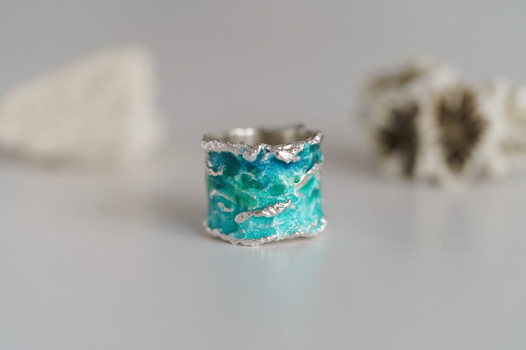 Wide Wave Ring Ocean Ring Wide Silver Ring Turquoise Enamel Ring Beach ...
