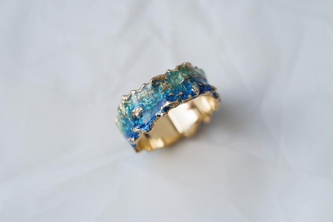 Gold Wave Ring Blue Enamel Ring Unique Wedding Rings Sea Wave Ring ...