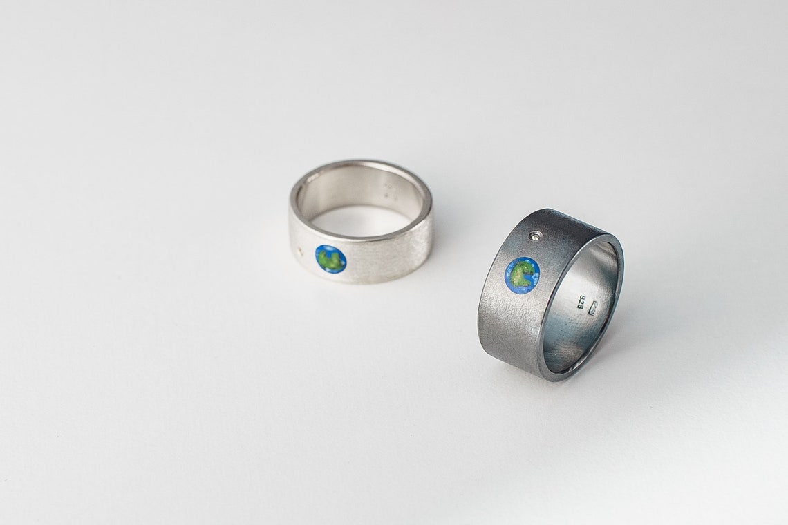 Celestial Wedding Rings Planet Earth Ring With Moon Unique - Etsy