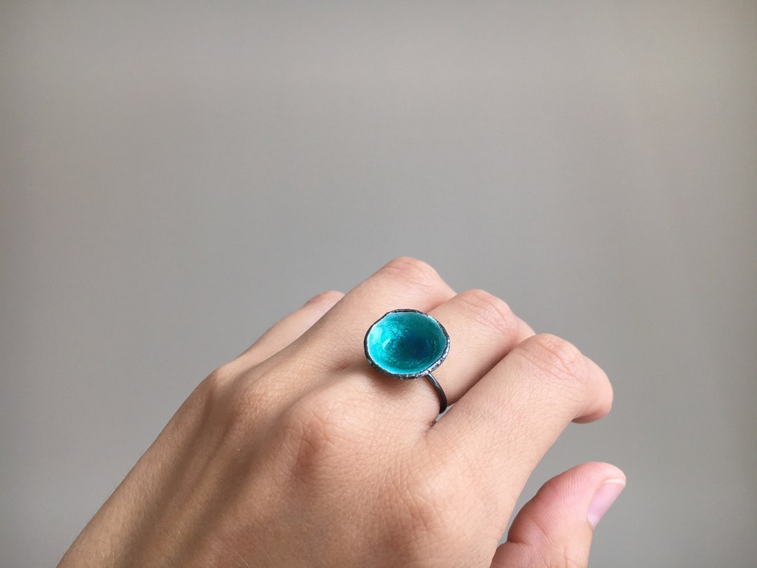Sea Ring Azure Ring Green Enamel Ring Blackened Silver Ring Deep Sea Ring Ocean Ring Lagoon Ring ...
