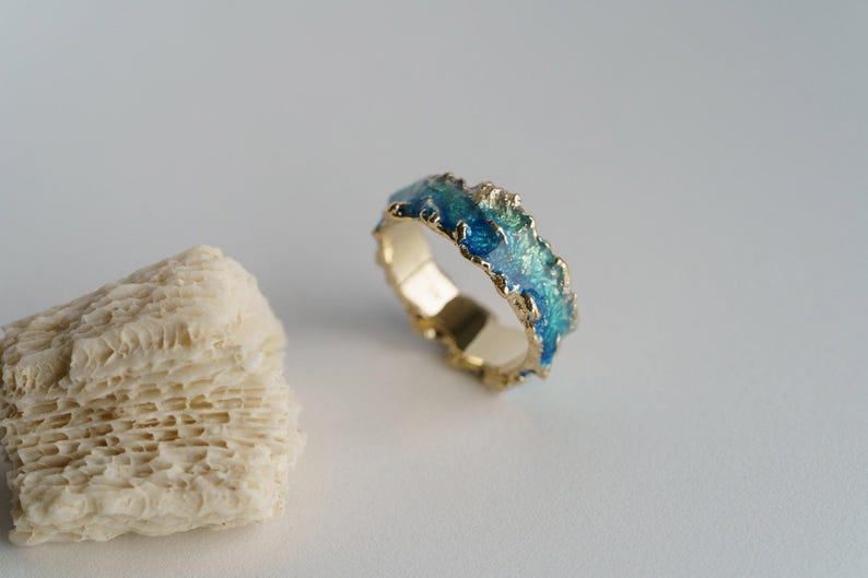 14k Gold Wave Ring: Blue Enamel Ocean Jewelry - Etsy