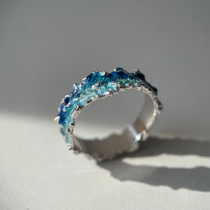 White Gold Ring Wave Ring Blue Enamel Ring Unique Wedding Rings Sea ...