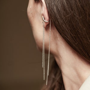 Silver Ear Cuff With 4 Chains Mono Earring on Chains No Piercing Ear ...