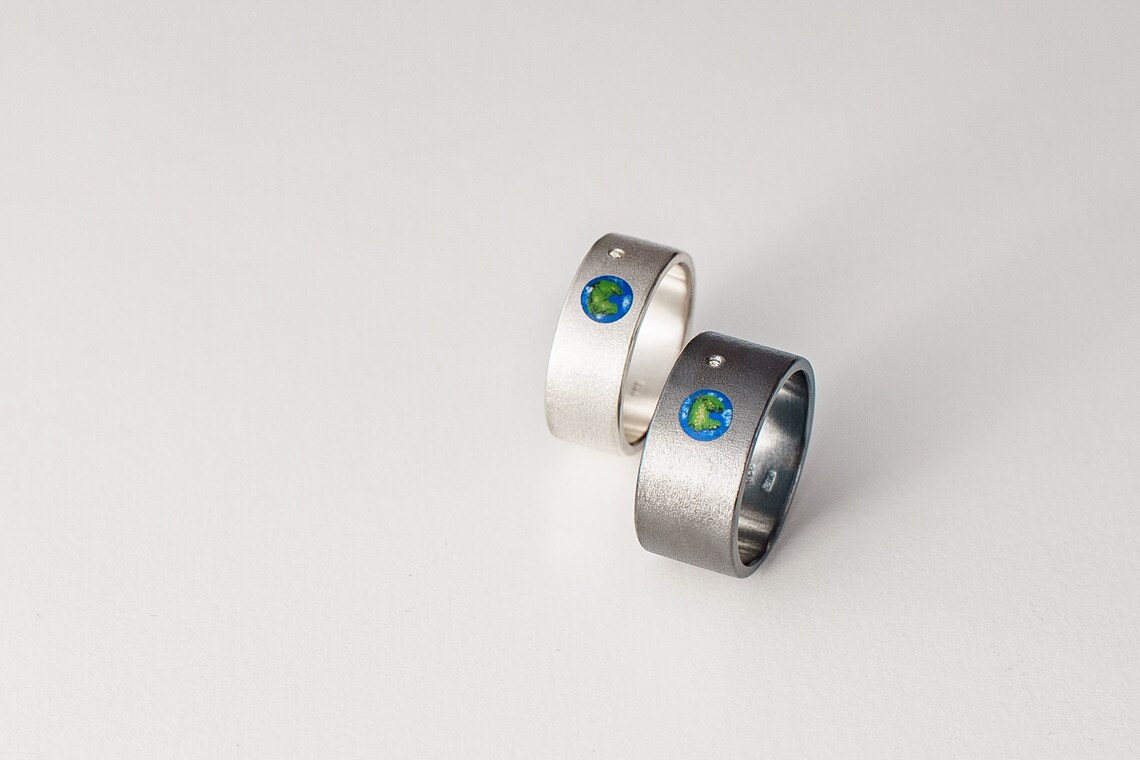 Celestial Wedding Rings Planet Earth Ring With Moon Unique - Etsy