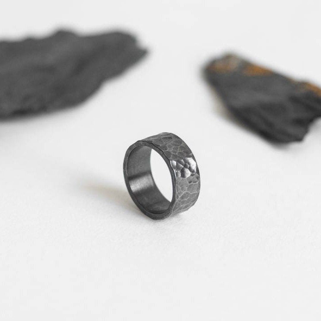 Black Hammered Ring Black Wedding Rings Dark Silver Ring - Etsy