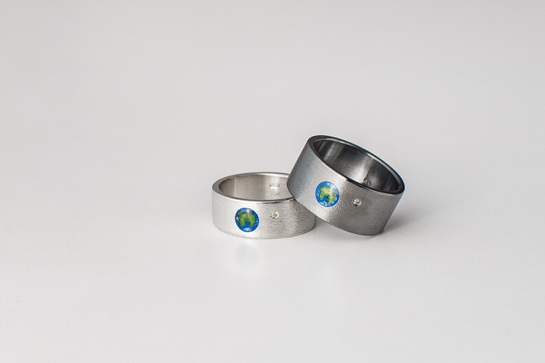 Celestial Wedding Rings Planet Earth Ring With Moon Unique - Etsy