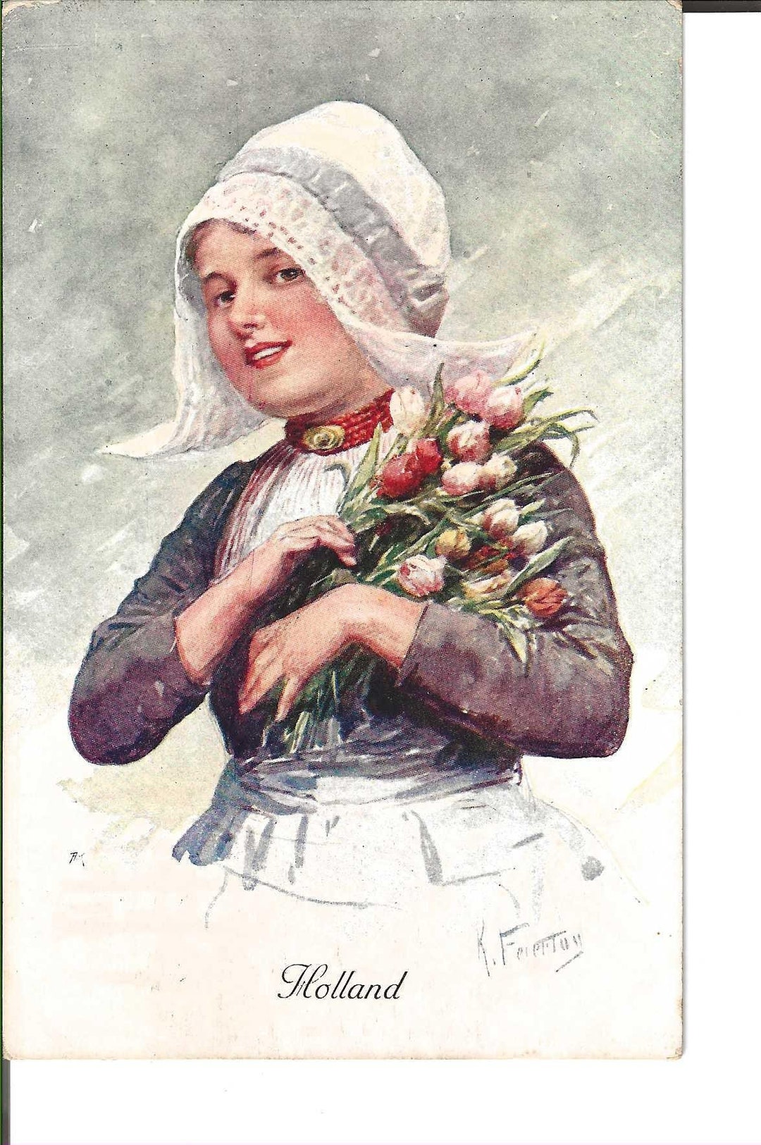 Artist-signed Dutch Girl With Tulips Postcard, C. 1910 - Etsy