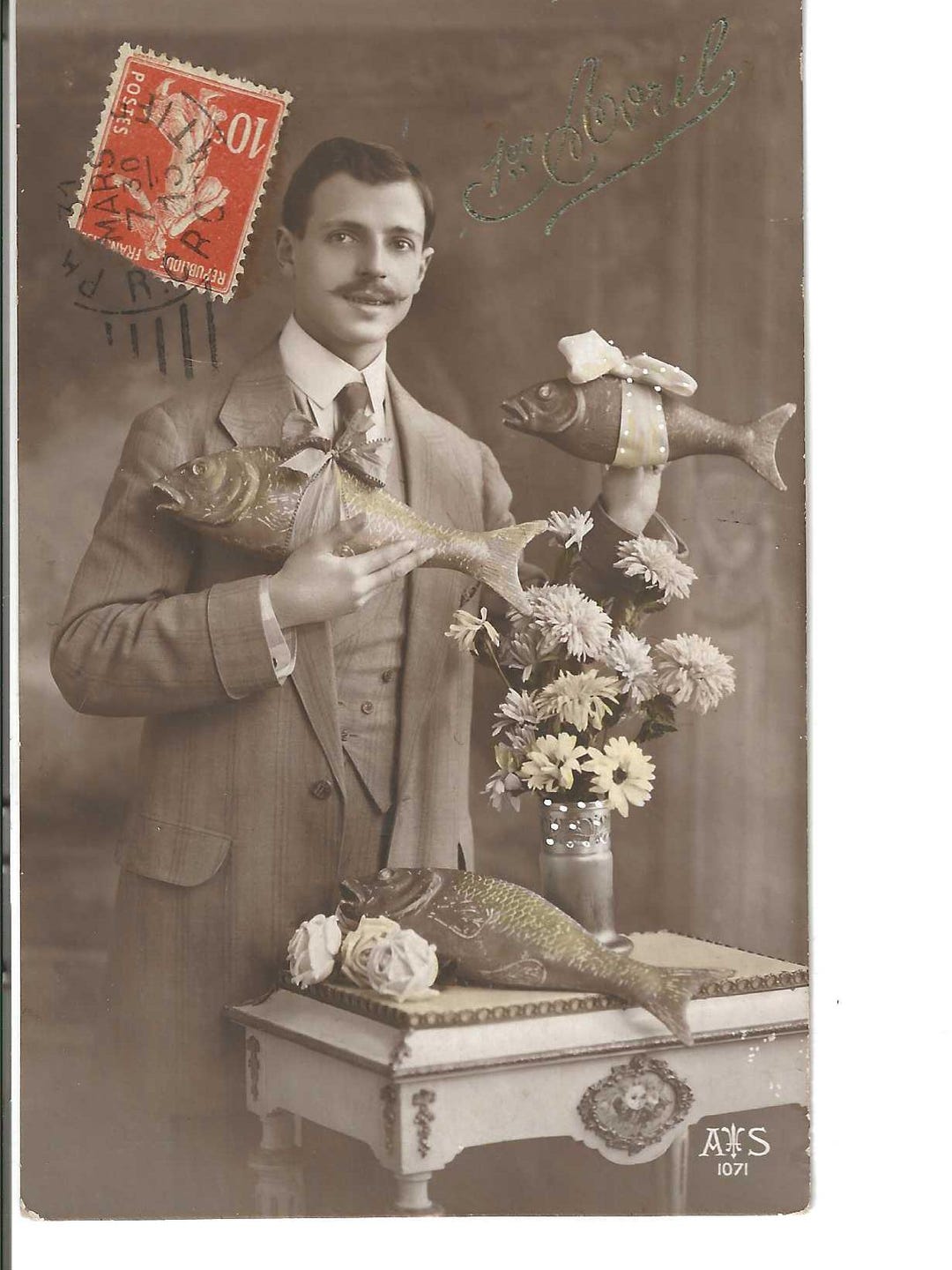Man With Ribbon-tied Fish French April Fool's Day Photo Postcard, 1913 - Etsy