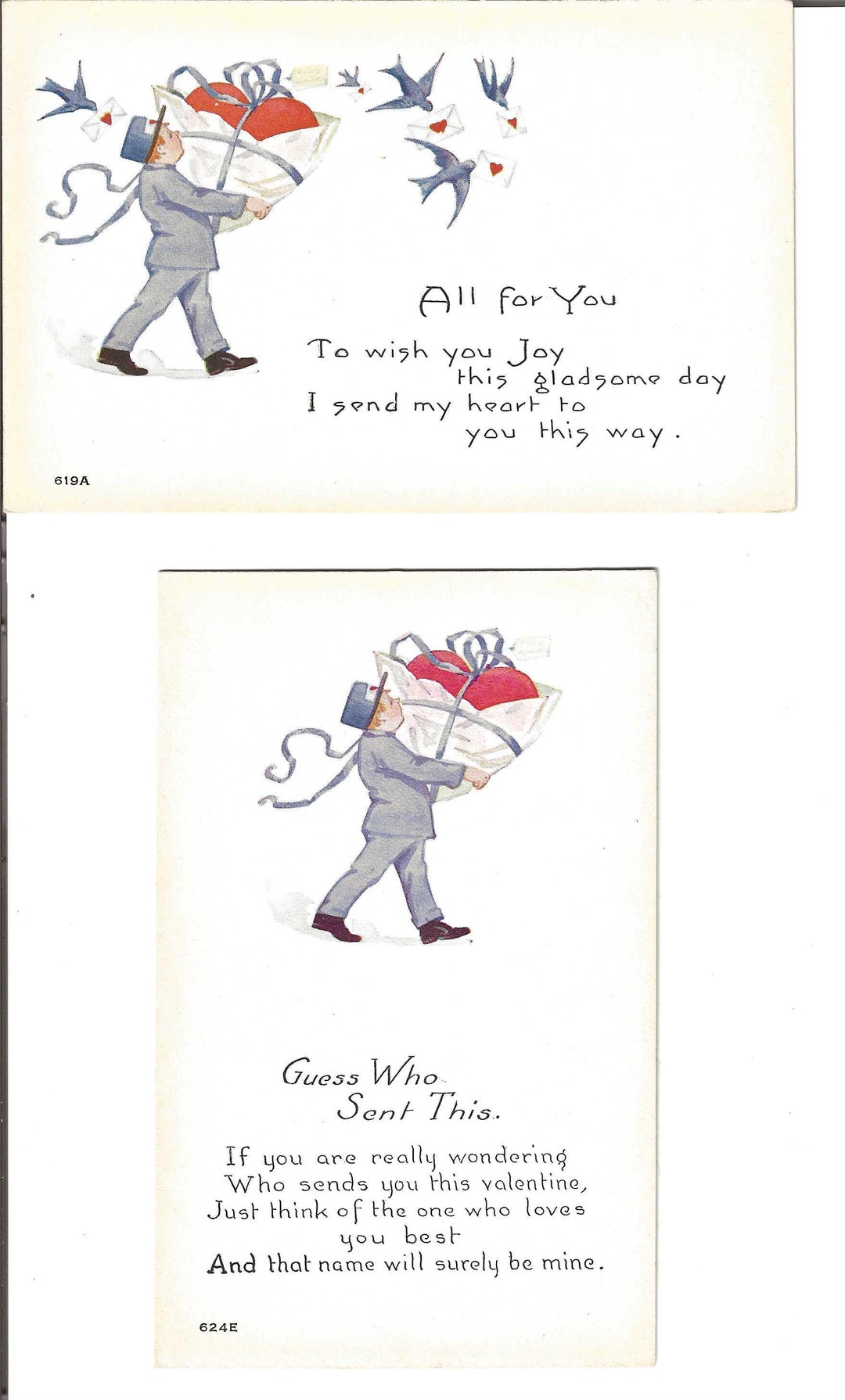Pair of Postman Delivers Valentine Postcards, C. 1920 - Etsy