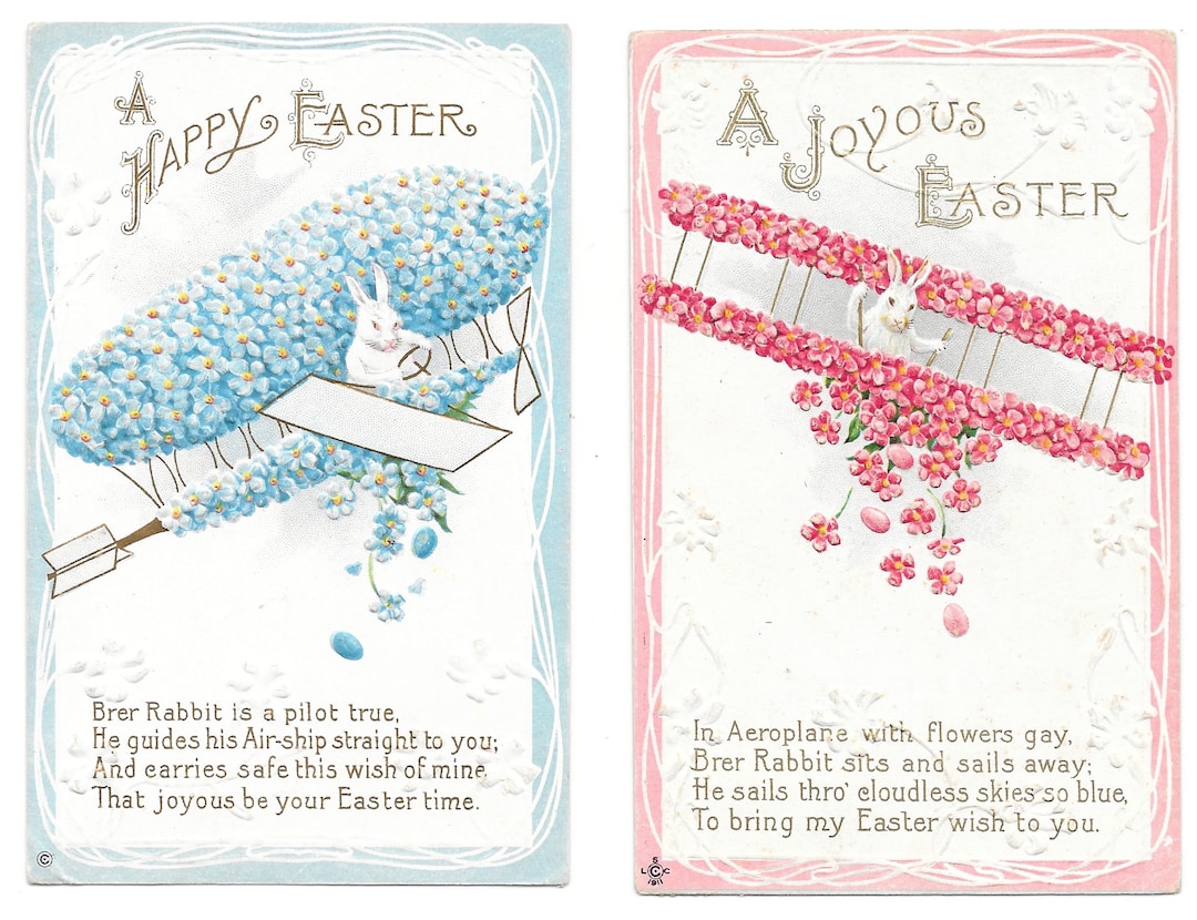 RESERVED FOR LISA Pair of Bunny Airship and Biplane Easter Postcards, C ...