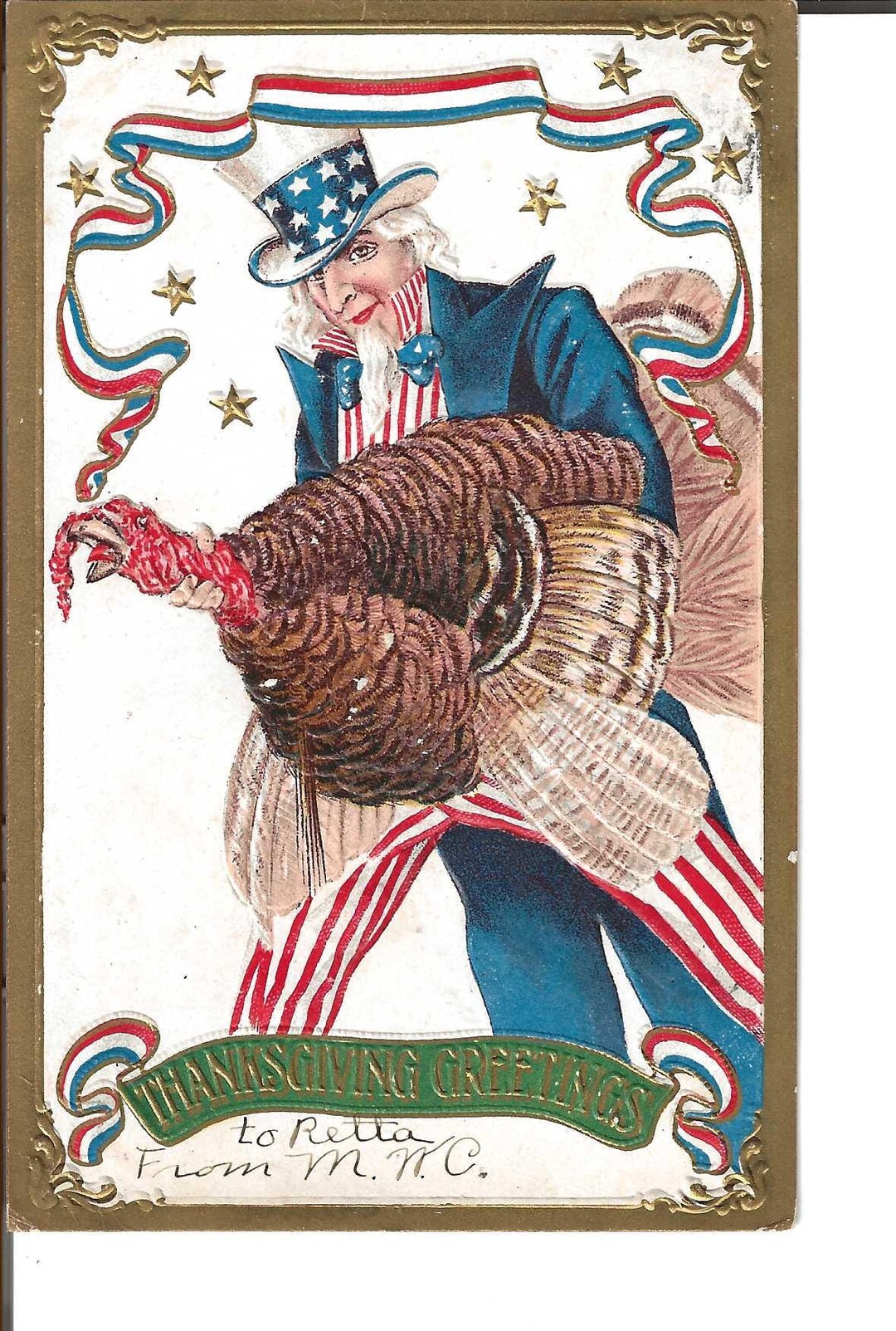 Uncle Sam With Turkey and Banner Thanksgiving Postcard, 1907 - Etsy