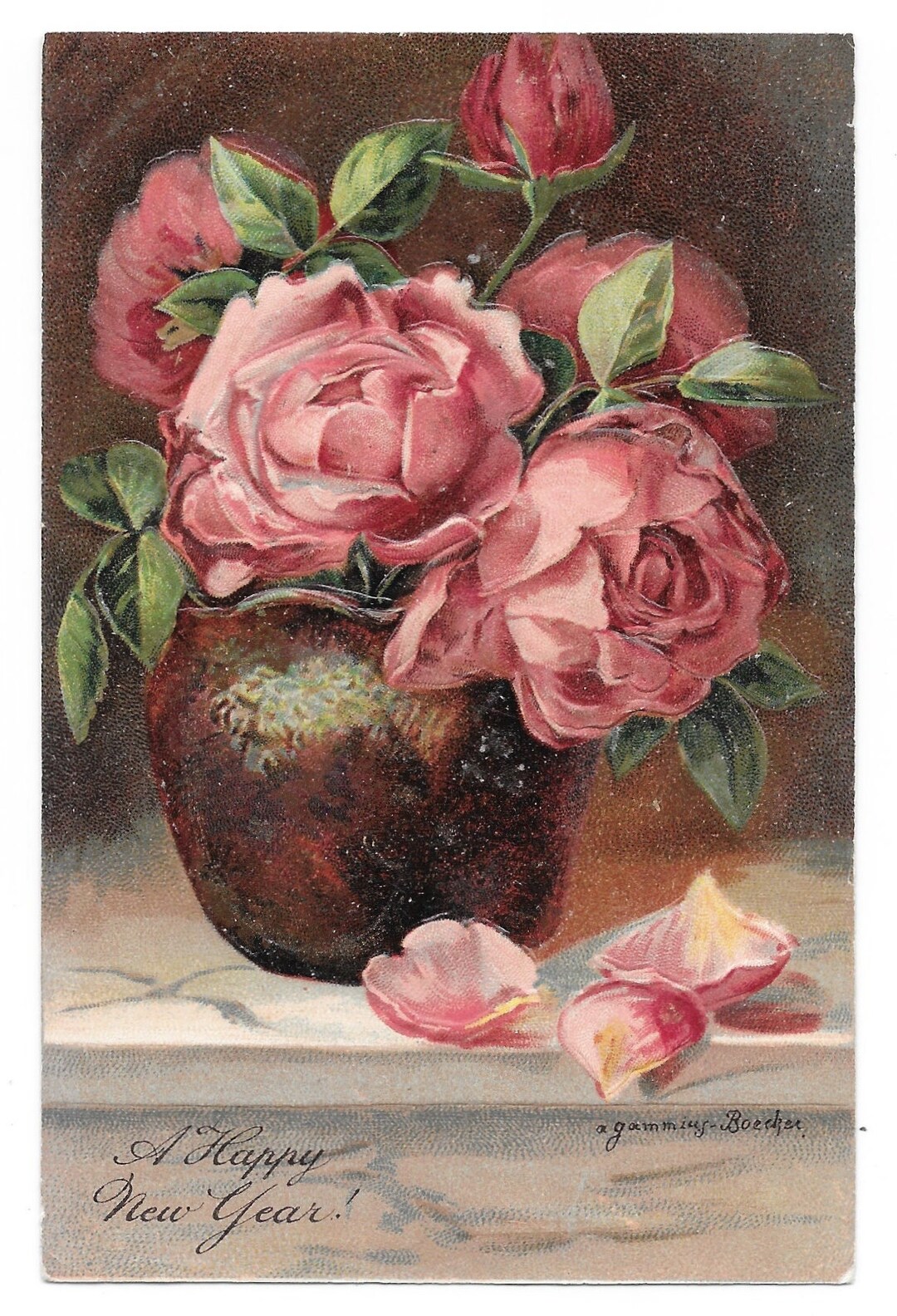 RESERVED FOR CORA Artist-signed Vase of Roses New Year Postcard, 1909 ...