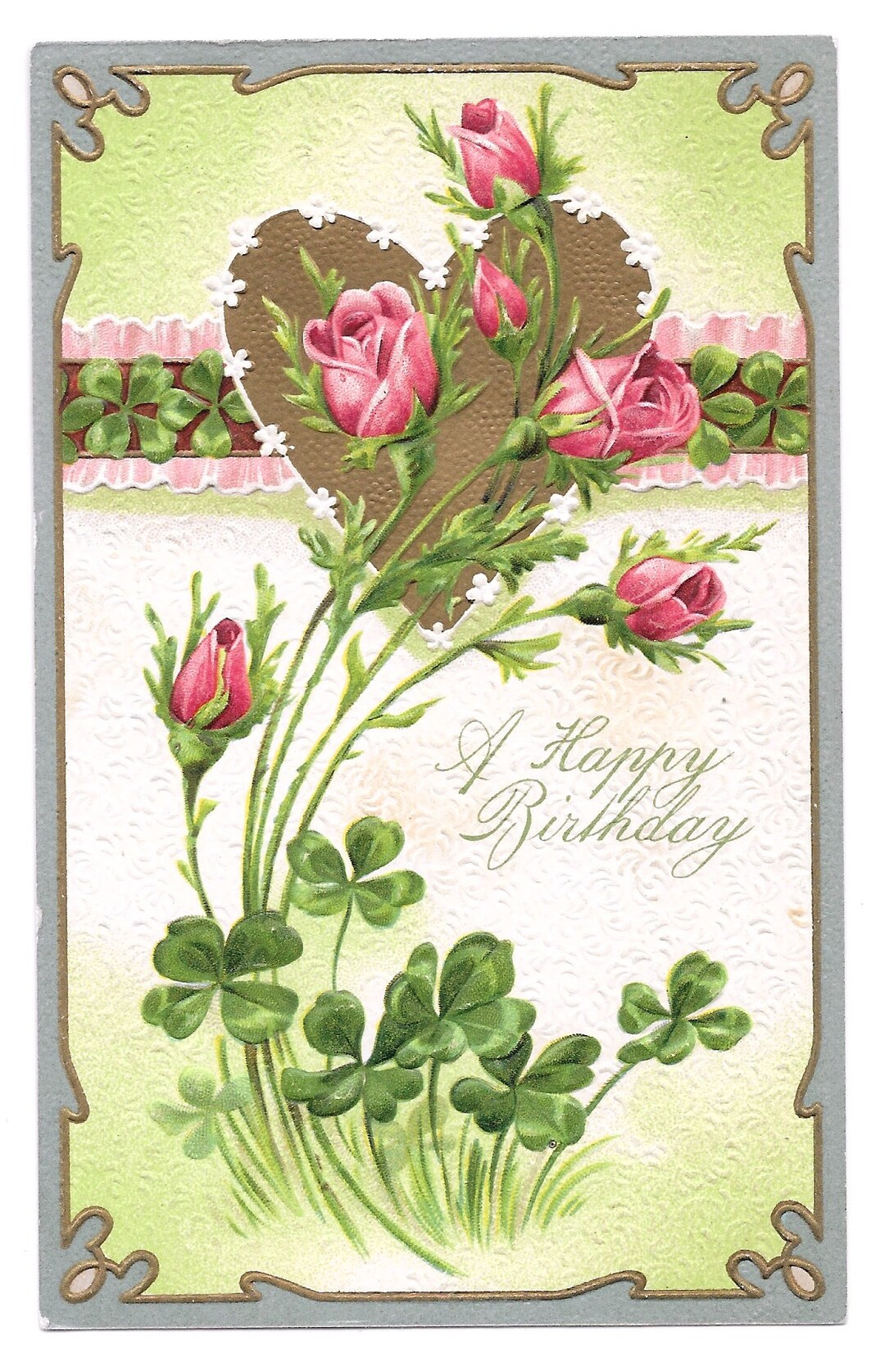 Rose and Shamrocks Heart Birthday Postcard, C. 1910 - Etsy