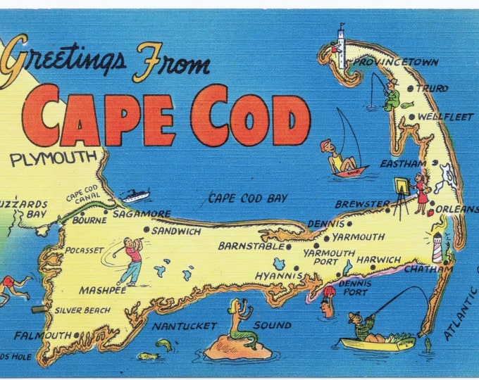 Cape Cod Greetings Map Postcard C. 1940 - Etsy