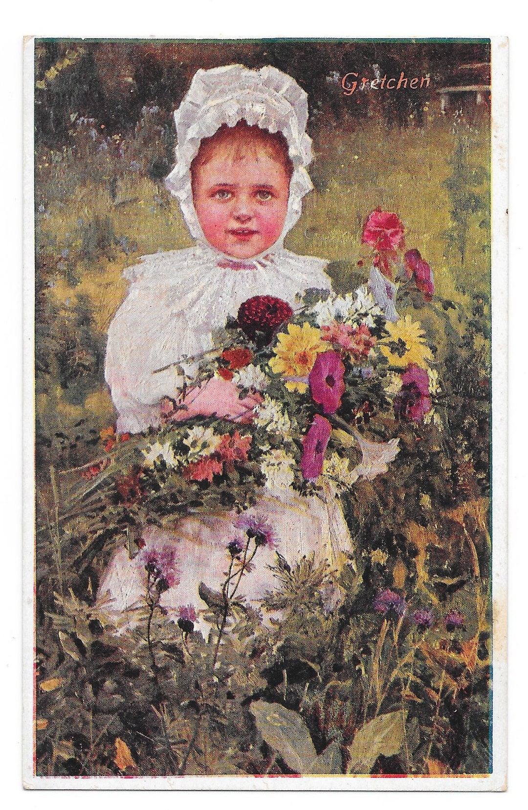Gretchen With Flowers Postcard, C. 1910 - Etsy