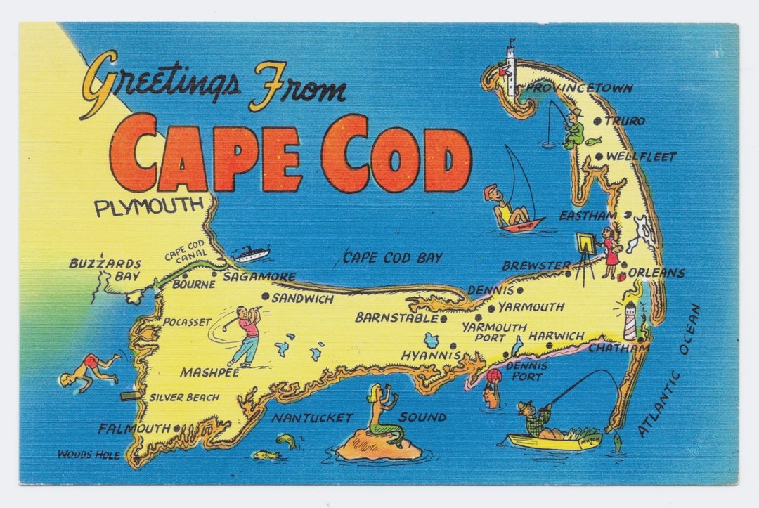 Cape Cod Greetings Map Postcard, C. 1940 - Etsy