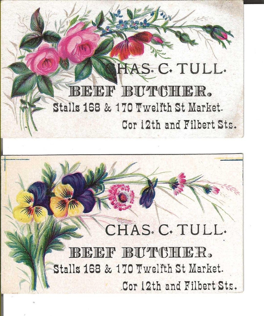 Pair of Floral Butcher's Trade Cards, C. 1880 - Etsy