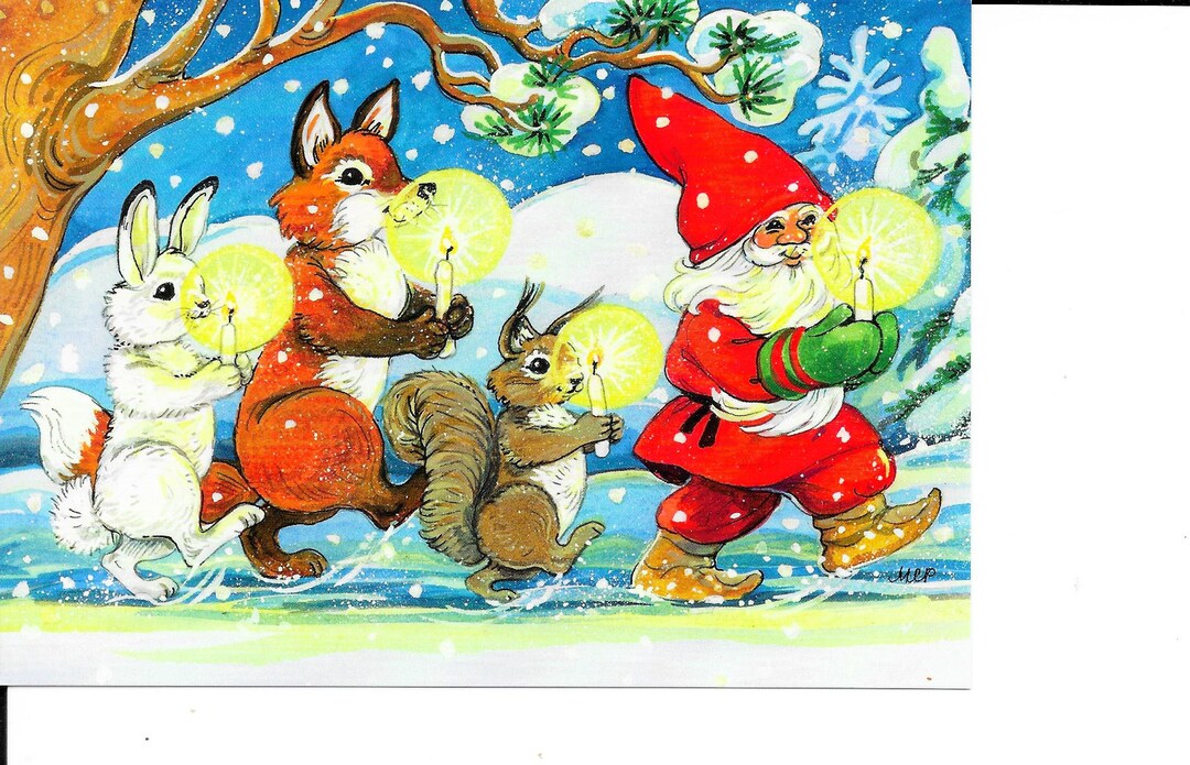 Artist-signed Tomte and Animals Parade Finnish Christmas Postcard, C ...