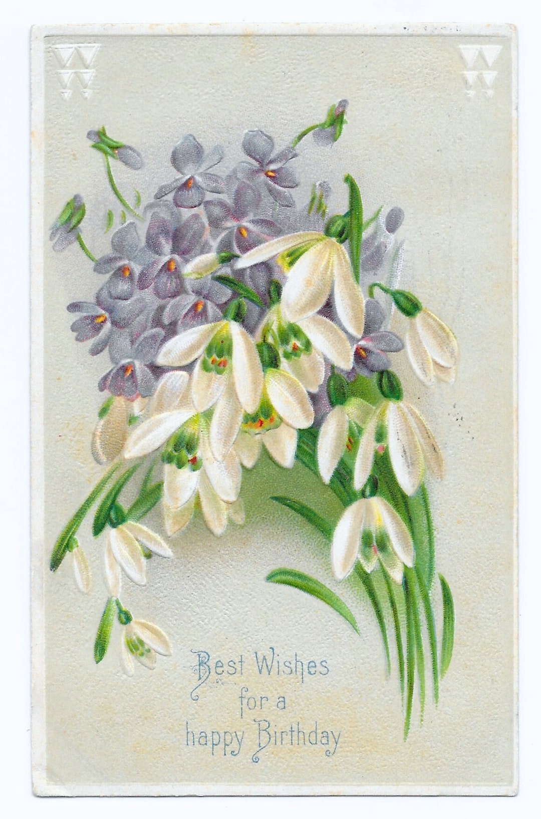 RESERVED FOR ADRIENNE - Snowdrops and Violets Birthday Postcard, 1908 ...