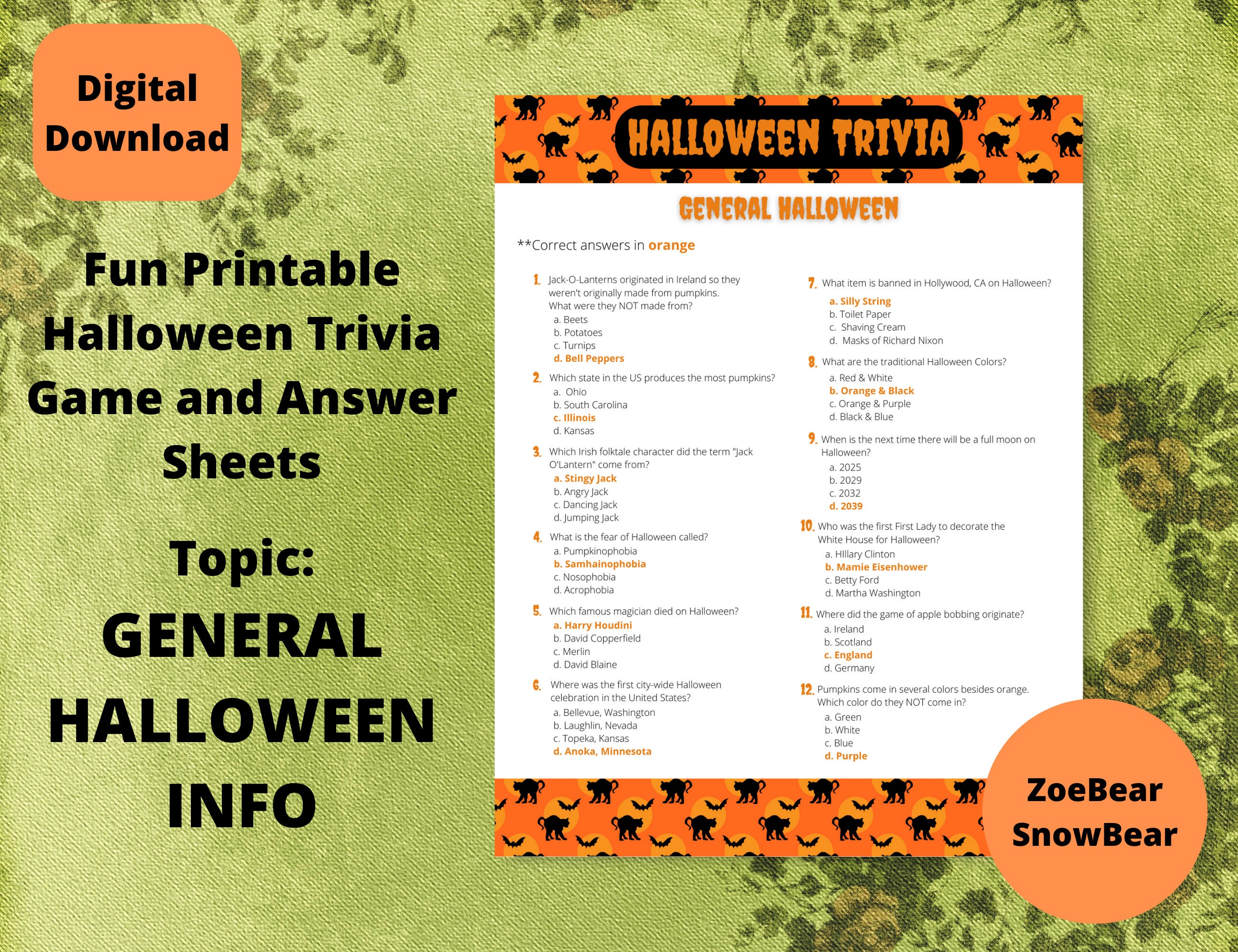 Halloween Trivia Printable Halloween Party Game Printable Game Instant ...