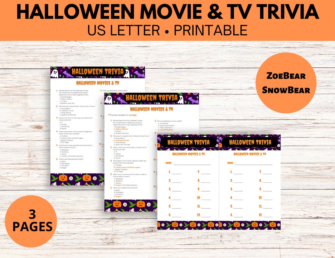 Halloween Trivia Printable Halloween Party Game Printable Game Instant ...