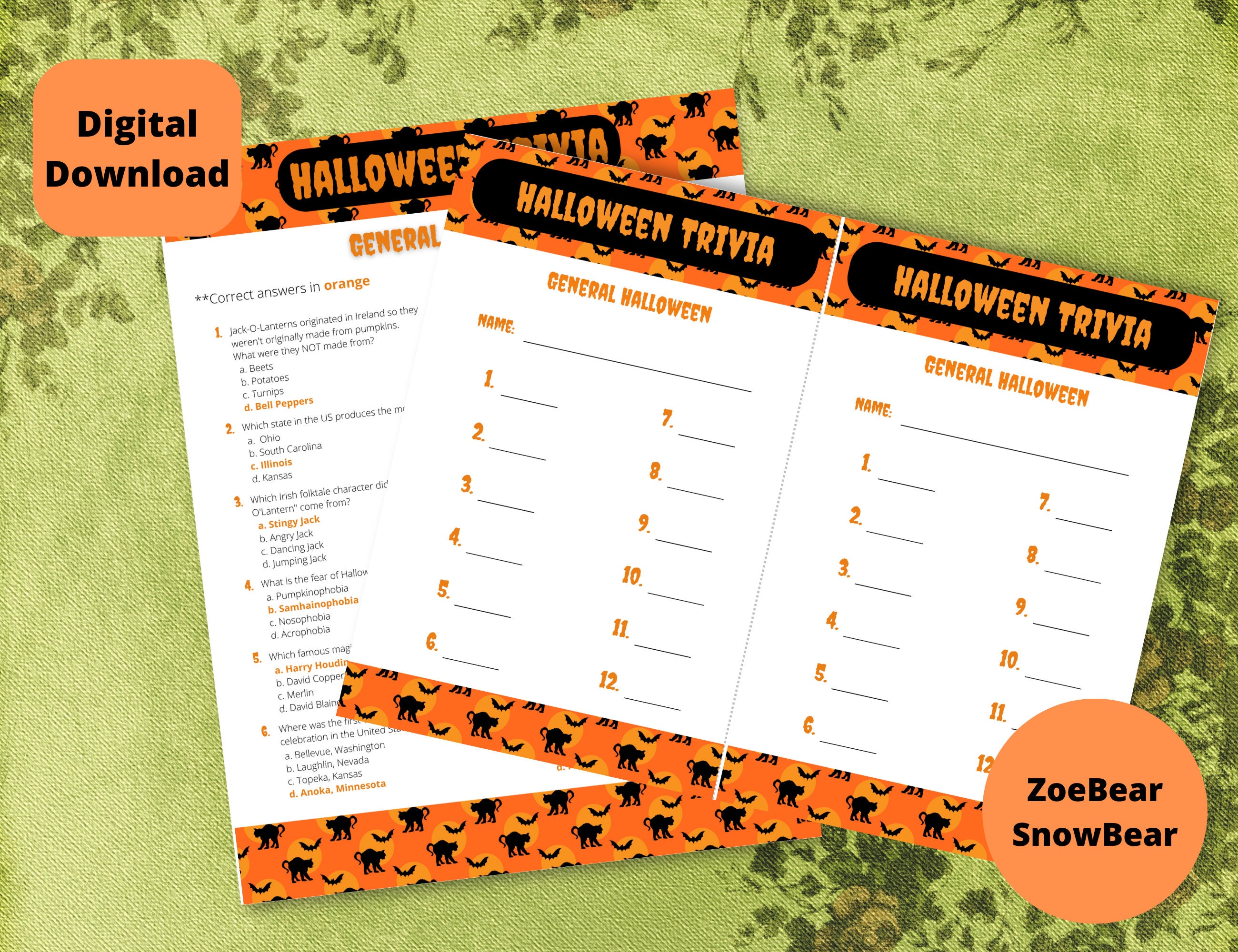 Halloween Trivia Printable Halloween Party Game Printable Game Instant ...