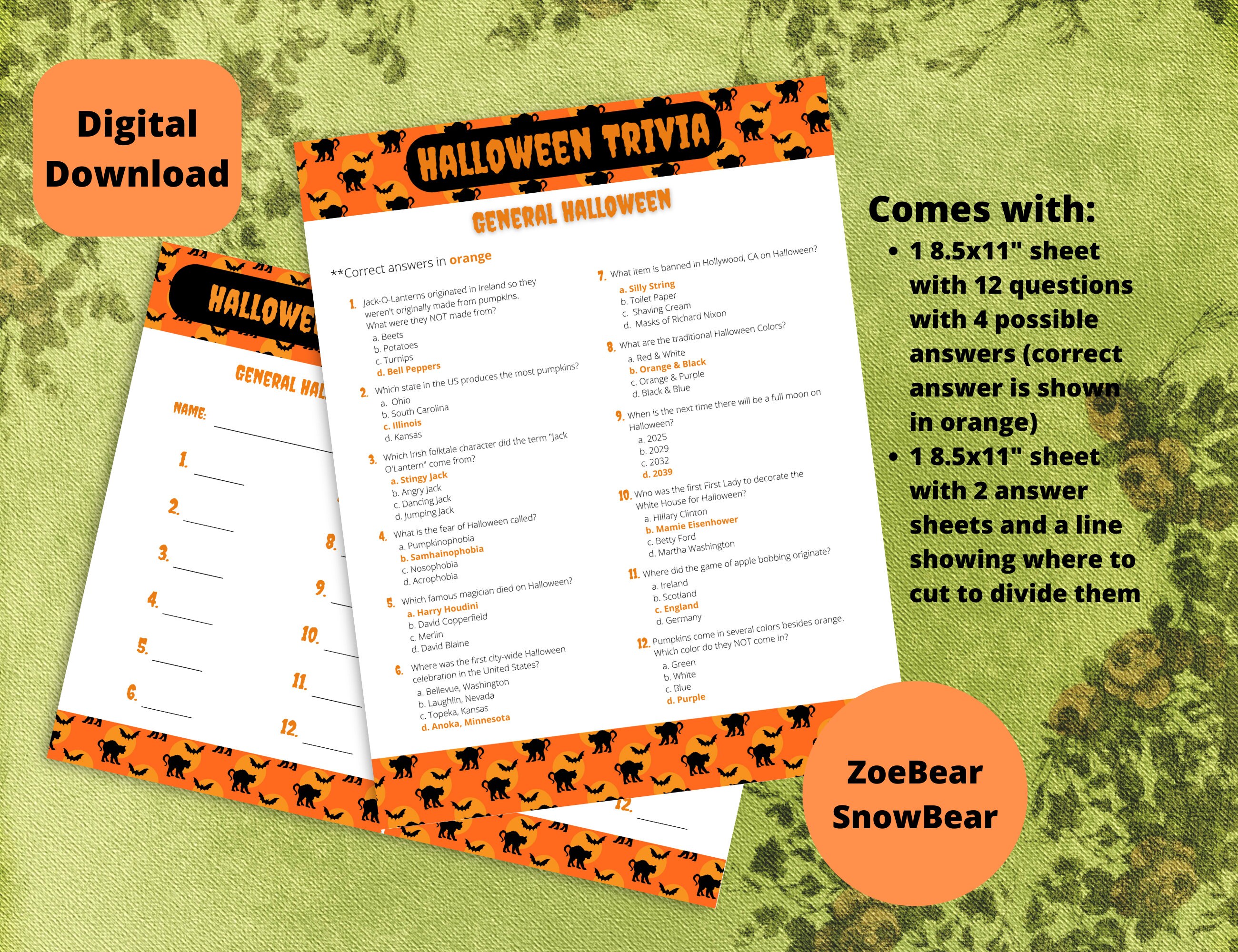 Halloween Trivia Printable Halloween Party Game Printable Game Instant ...