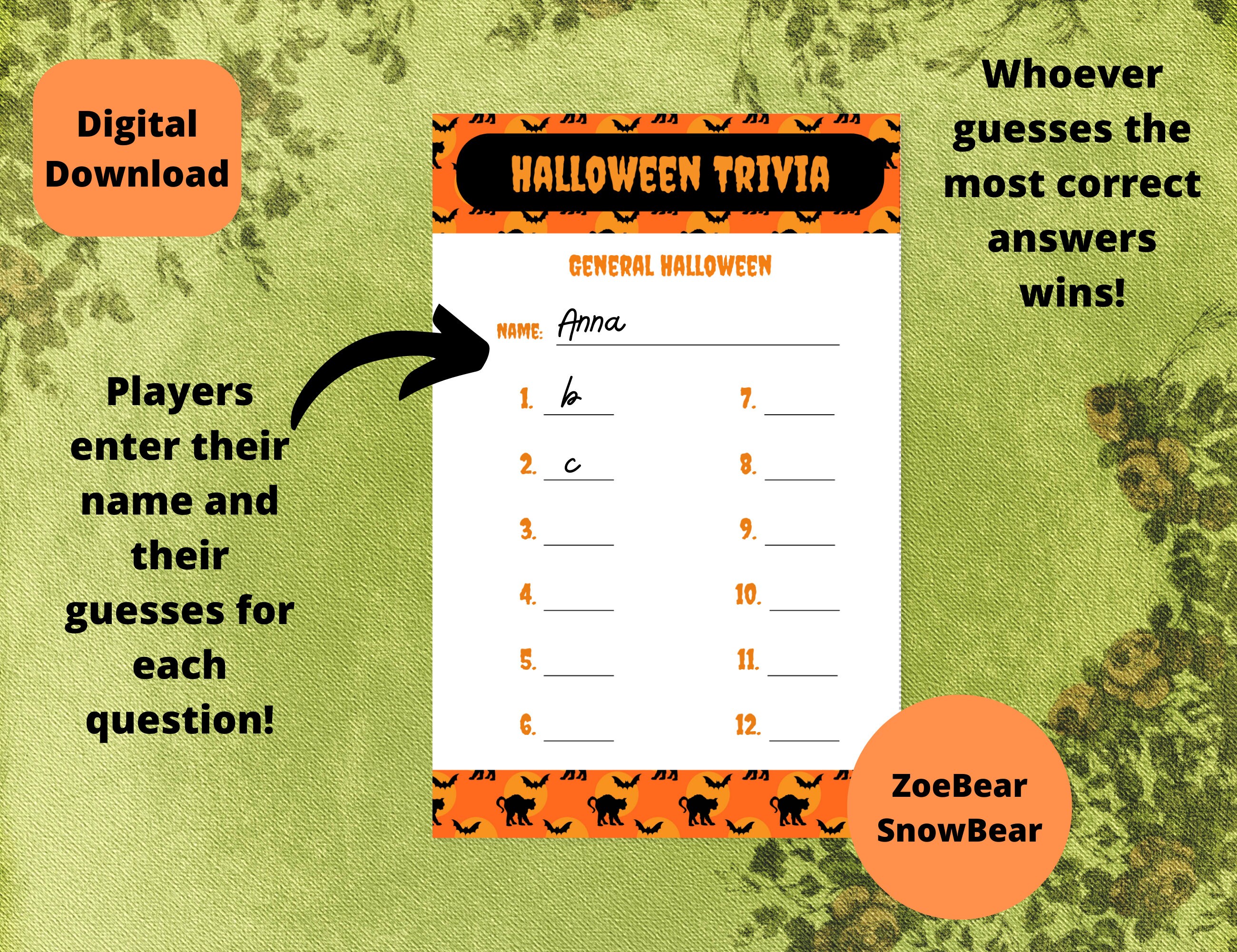 Halloween Trivia Printable Halloween Party Game Printable Game Instant ...
