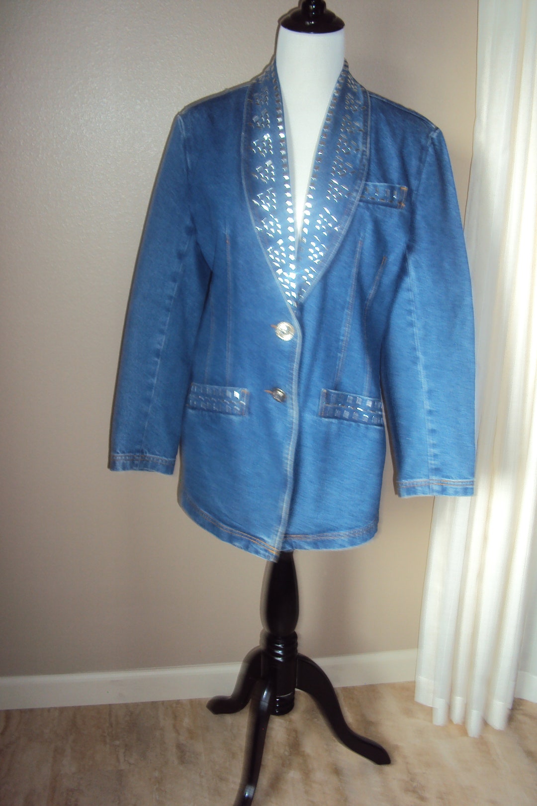 1980s Womens I B Diffusion Denim Blazer/jacket With Studded Bling Size ...