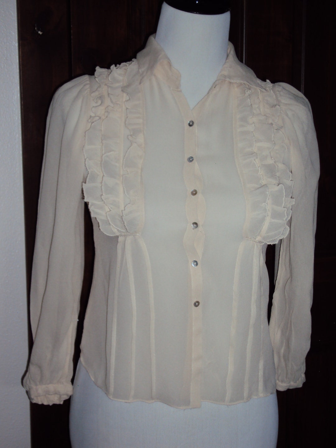 Vintage Womens Ivory Sheer Long Sleeve Ruffled Blouse Size XS-S ...