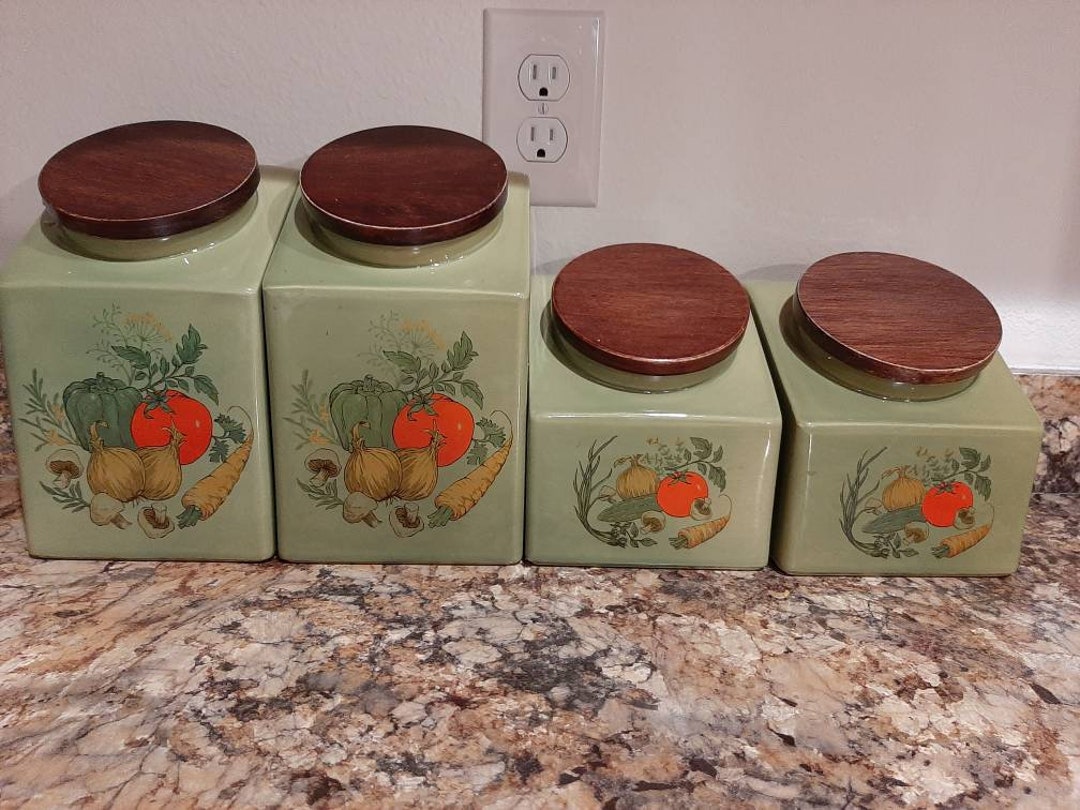 Mid Century Set of 4 Avocado Green Hyalyn Ceramic Kitchen Canisters ...