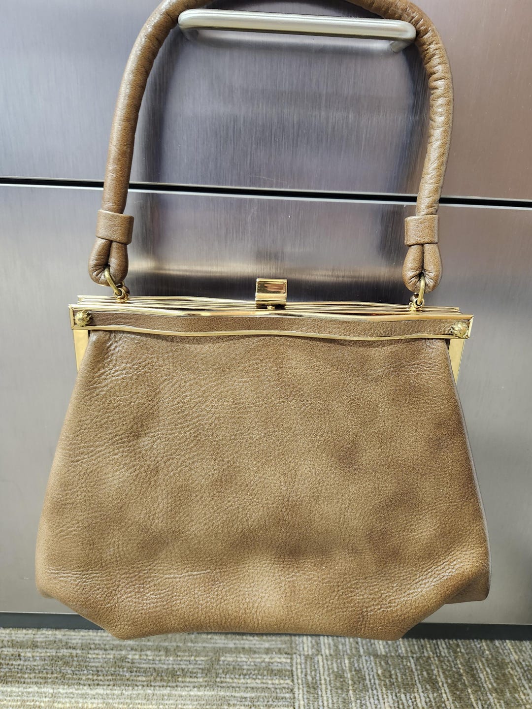 Mid Century Modern Golden Mocha Brown Top Handle Gold Frame Handbag ...