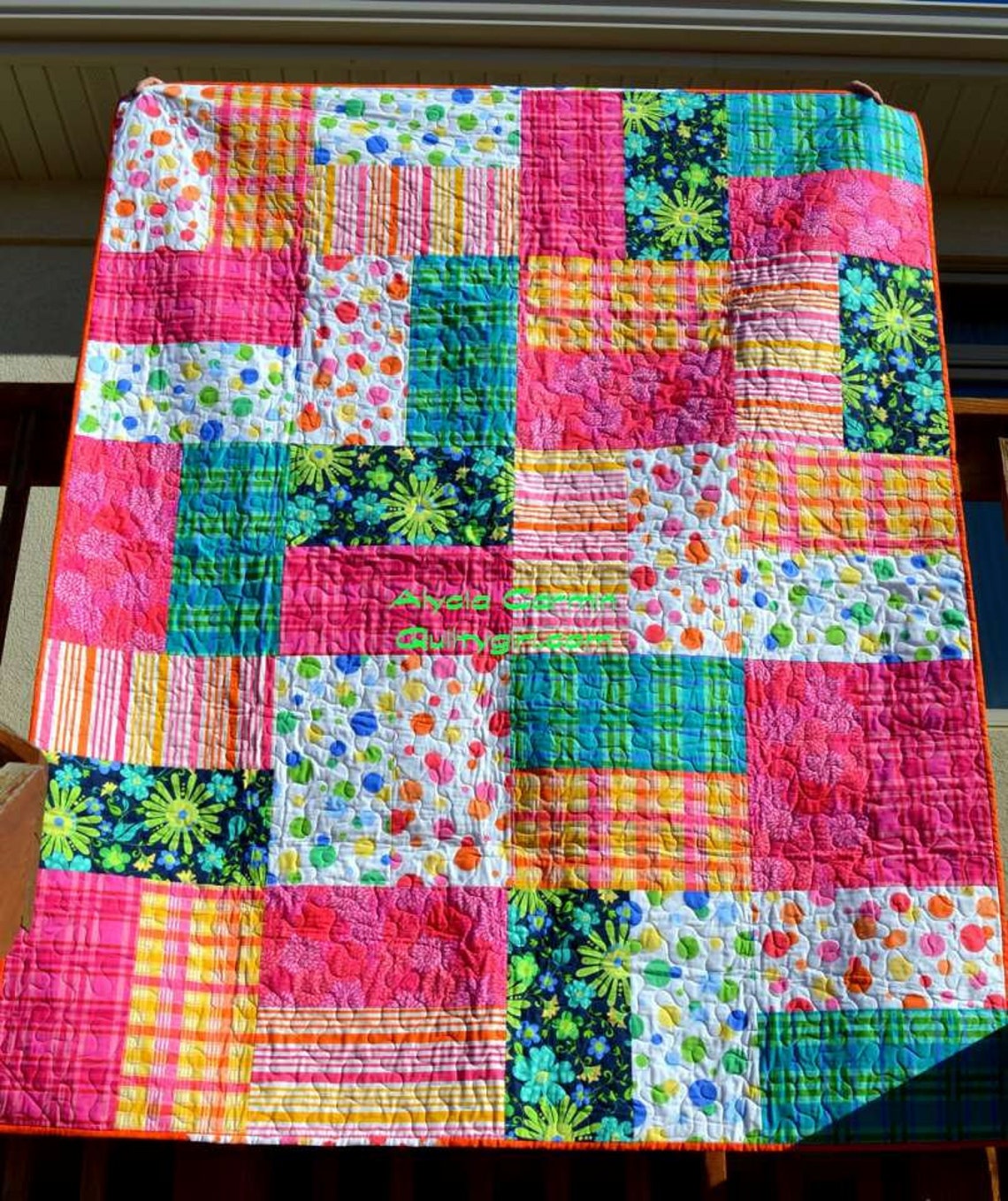 Bold and Bright Modern Quilt Pinks, Greens, Polka Dots, Geometrics and ...
