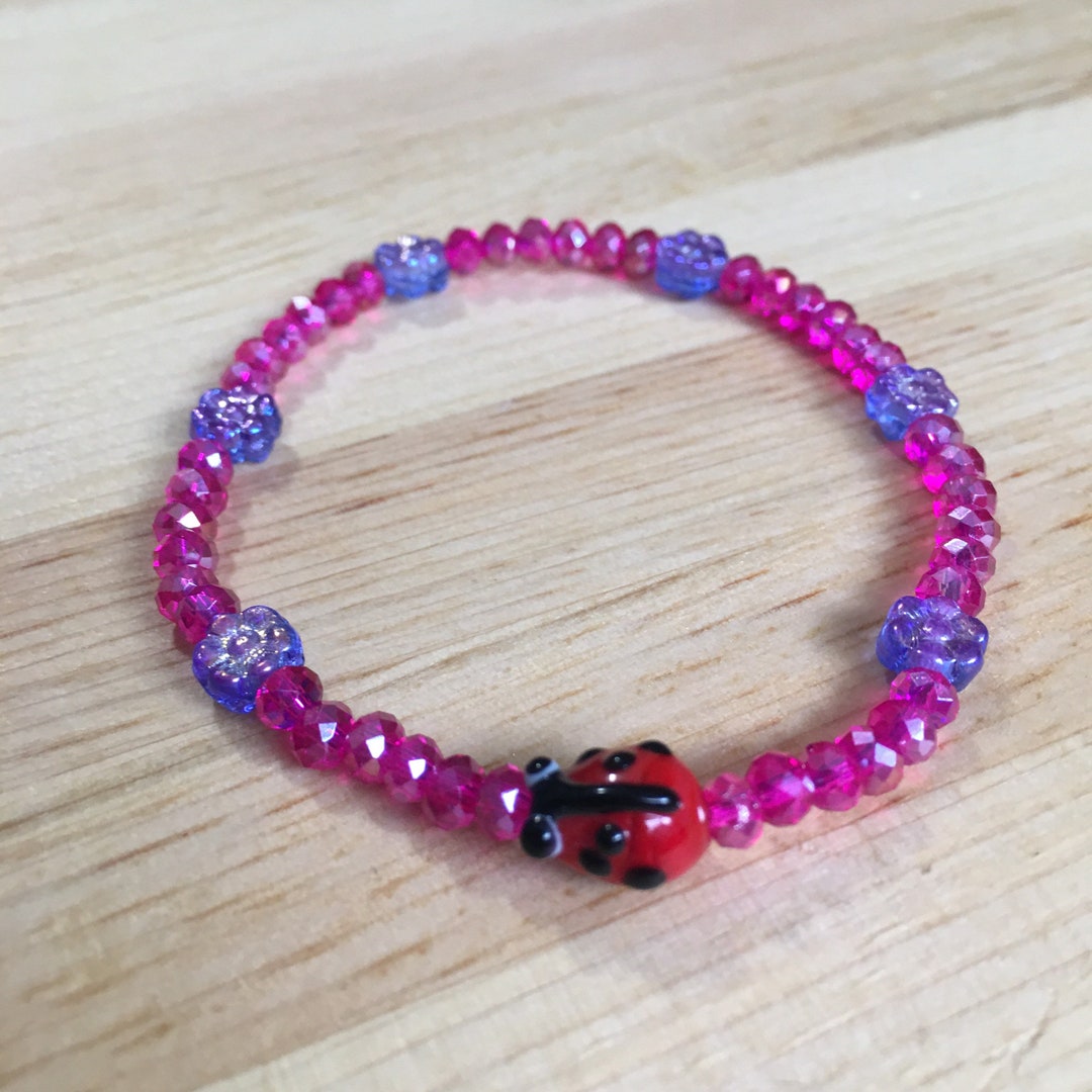 Lady Bug Bracelet With Mauve AB Glass Flower Bracelet With 4mm Faceted ...