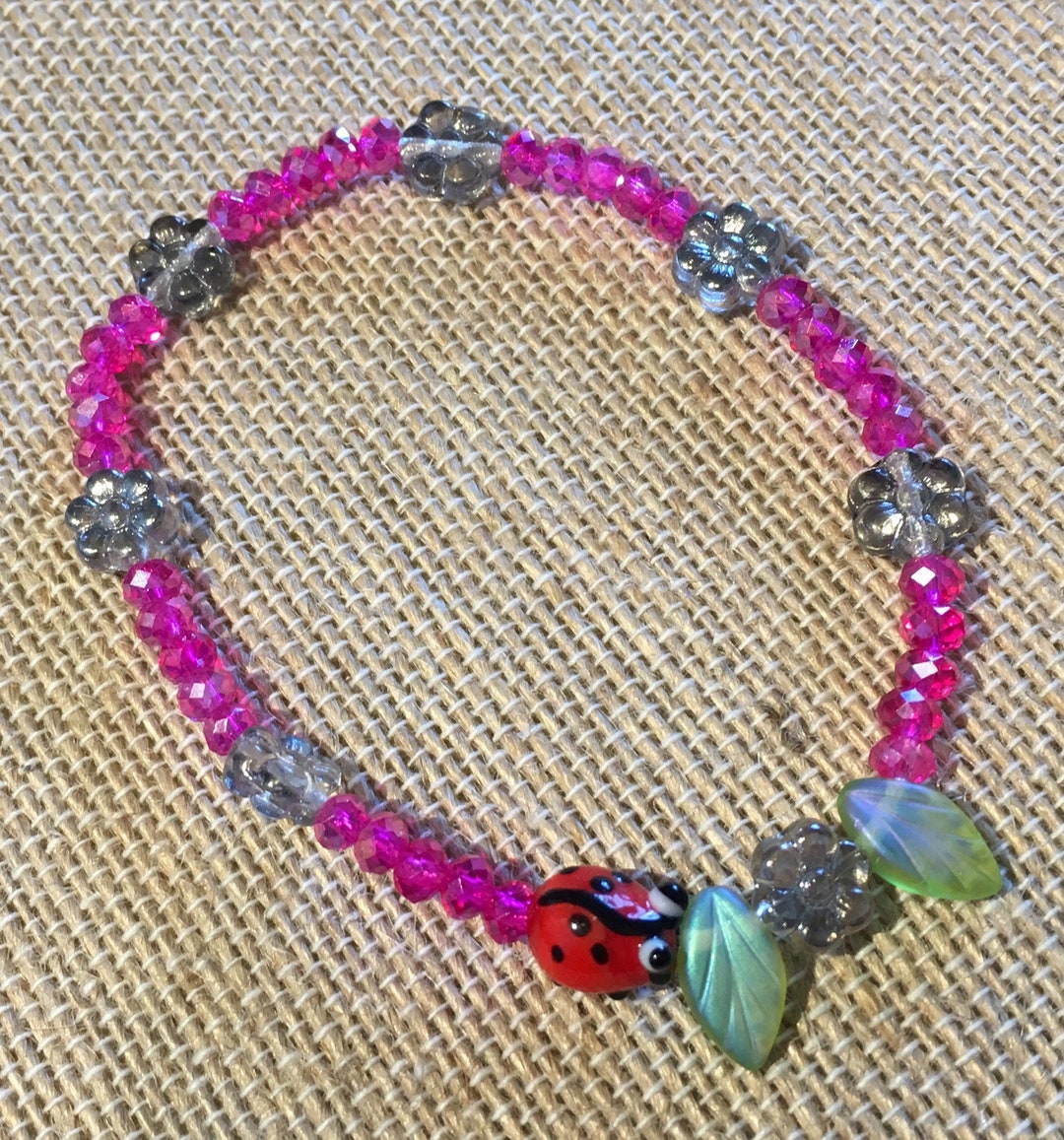Ladybug Bug Bracelet With Silver Shiny Silver Flowers and - Etsy