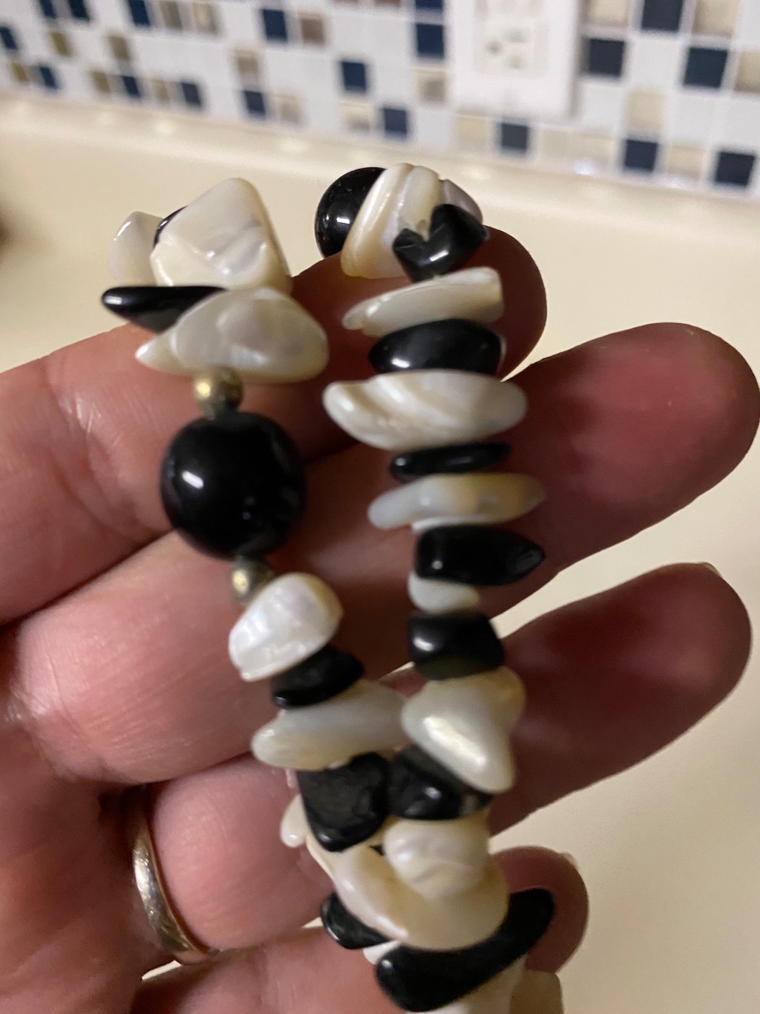 Onyx & White Iridescent Shells Long Necklace - Etsy